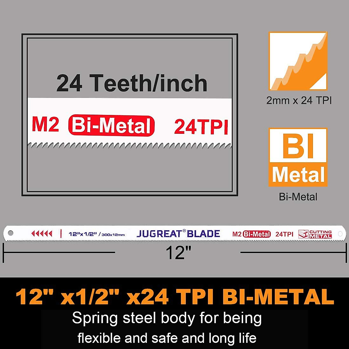 JUGREAT 12" Hacksaw Blades Replacement Bi-Metal,Bi-Metal Safe Flex Metal,High Speed Steel -24TPI (5 Pack)