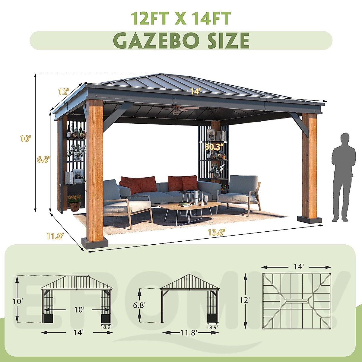 EROMMY 12'x14' Hardtop Gazebo, Galvanized Steel Top with Wood Grain Aluminum Frame, Permanent Metal Pavilion with Three-Layer Storage Shelves for Patio, Backyard, Deck and Lawns
