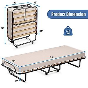 Giantex Folding Bed with Mattress for Adults, Rollaway Guest Beds w/Memory Foam Mattress & Metal Frame, Made in Italy, Cot Size Rollaway Bed, Portable Foldable Sleeper Bed for Home, Beige