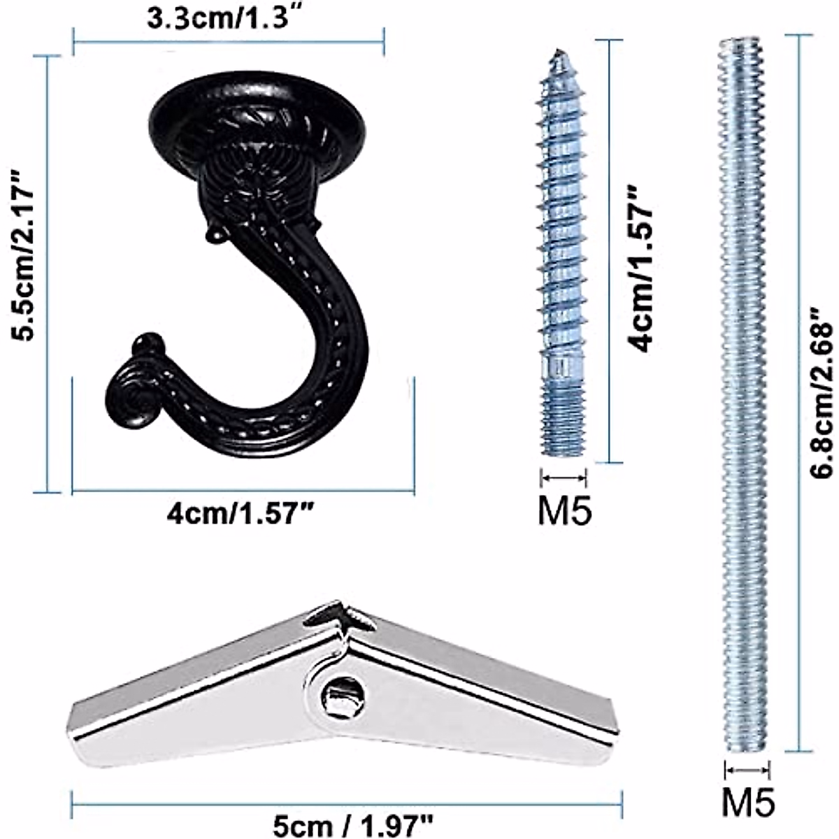 GDQLCNXB 6 Sets 55mm/2.17" Ceiling Metal Ceiling Hooks, Heavy Duty Swag Ceiling Hooks with Hardware for Hanging Plants/Chandeliers/Wind Chimes/Ornament (Black Color)