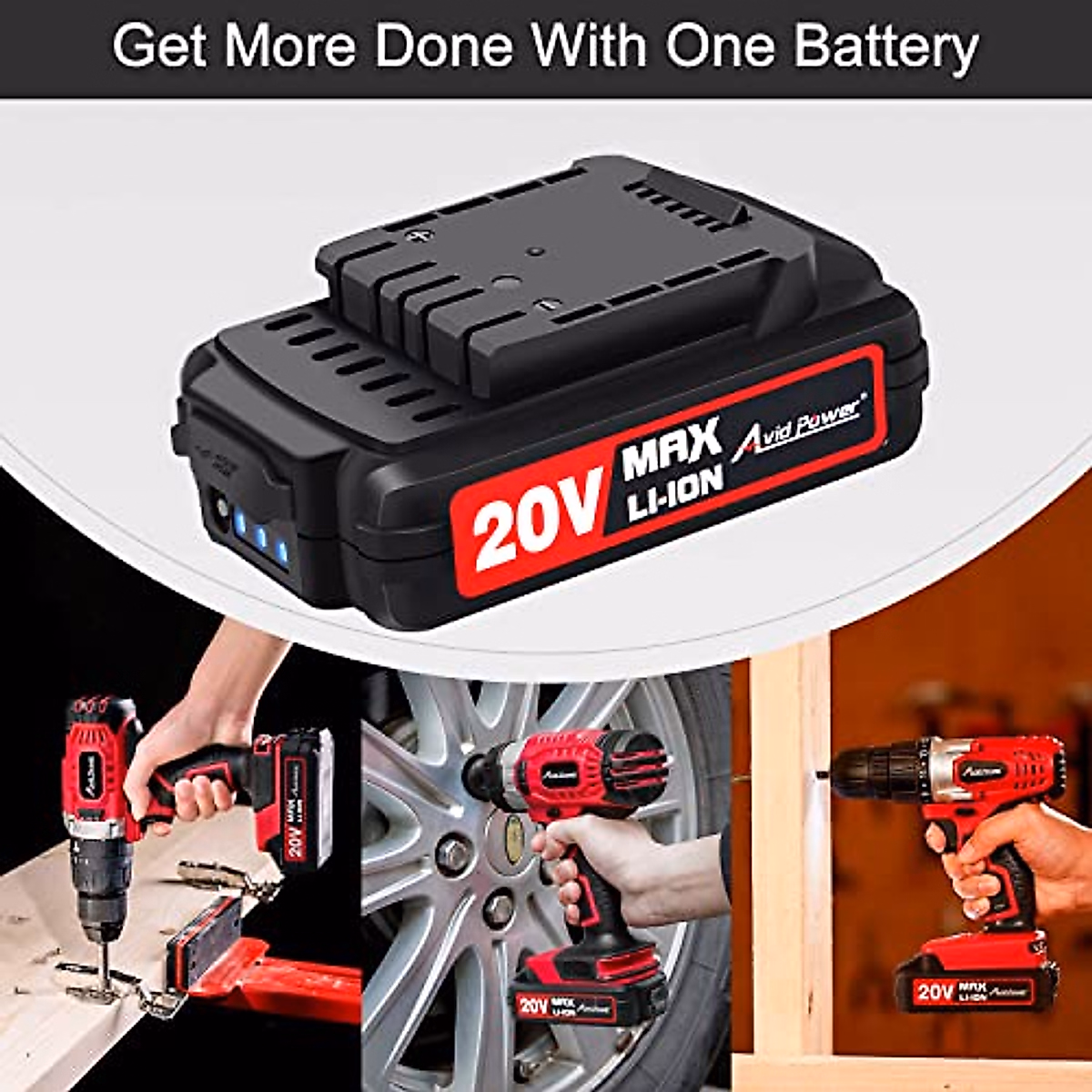 Avid Power 20V MAX Lithium Ion Rechargeable Battery with Real-time Capacity Indicator and USB Output, Only Compatible 20V Cordless Tools