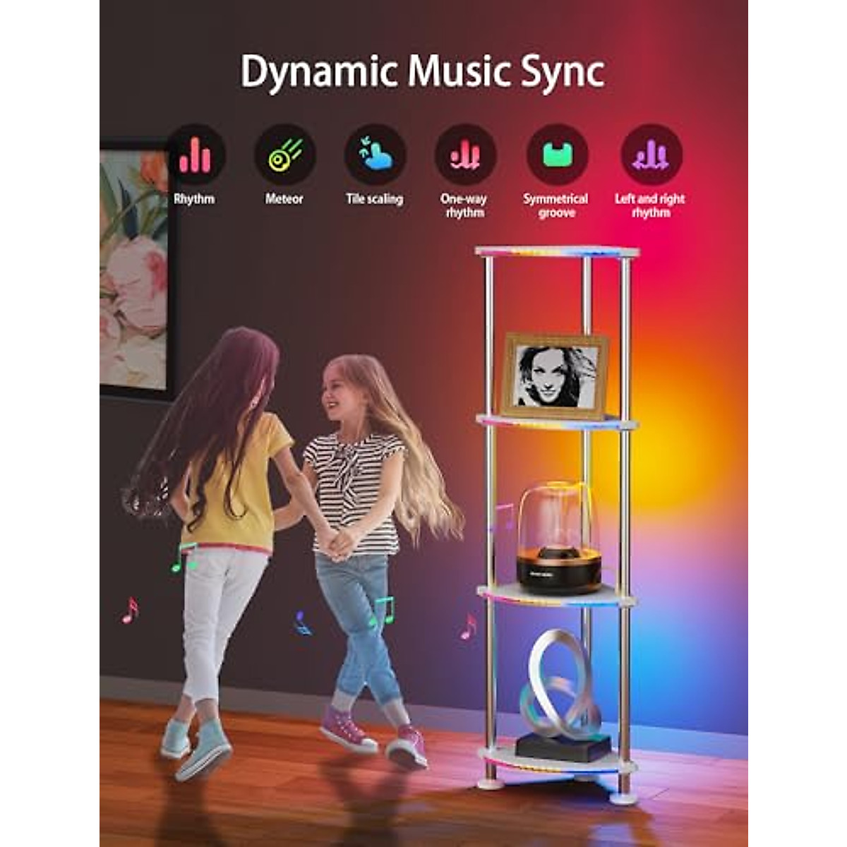 HOPEDAMAI Floor Lamp with Shelves Height Adjustable RGB Tall Lamp with Music Sync, Charging Stationl, Dimmable and Timing LED Corner Standing Lamp for Bedroom White 4-Tier