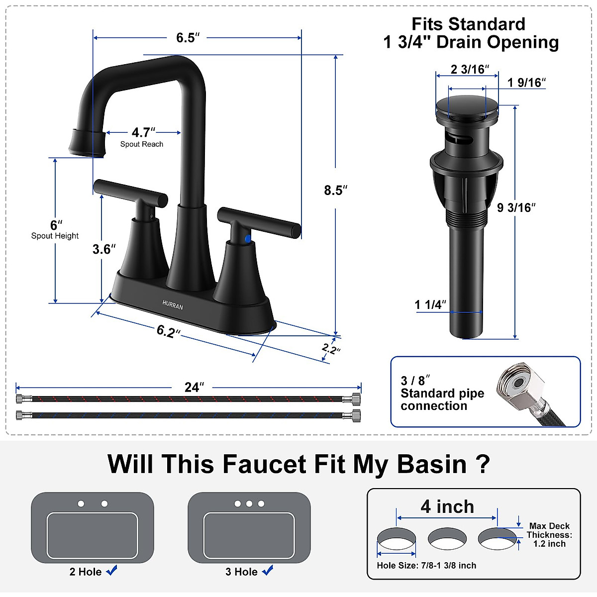 Matte Black Bathroom Sink Faucet, Hurran 4 inch Bathroom Faucets for Sink 3 Hole with Pop-up Drain and Supply Lines, Stainless Steel 2-Handle Centerset Faucet for Bathroom Sink Vanity RV Restroom