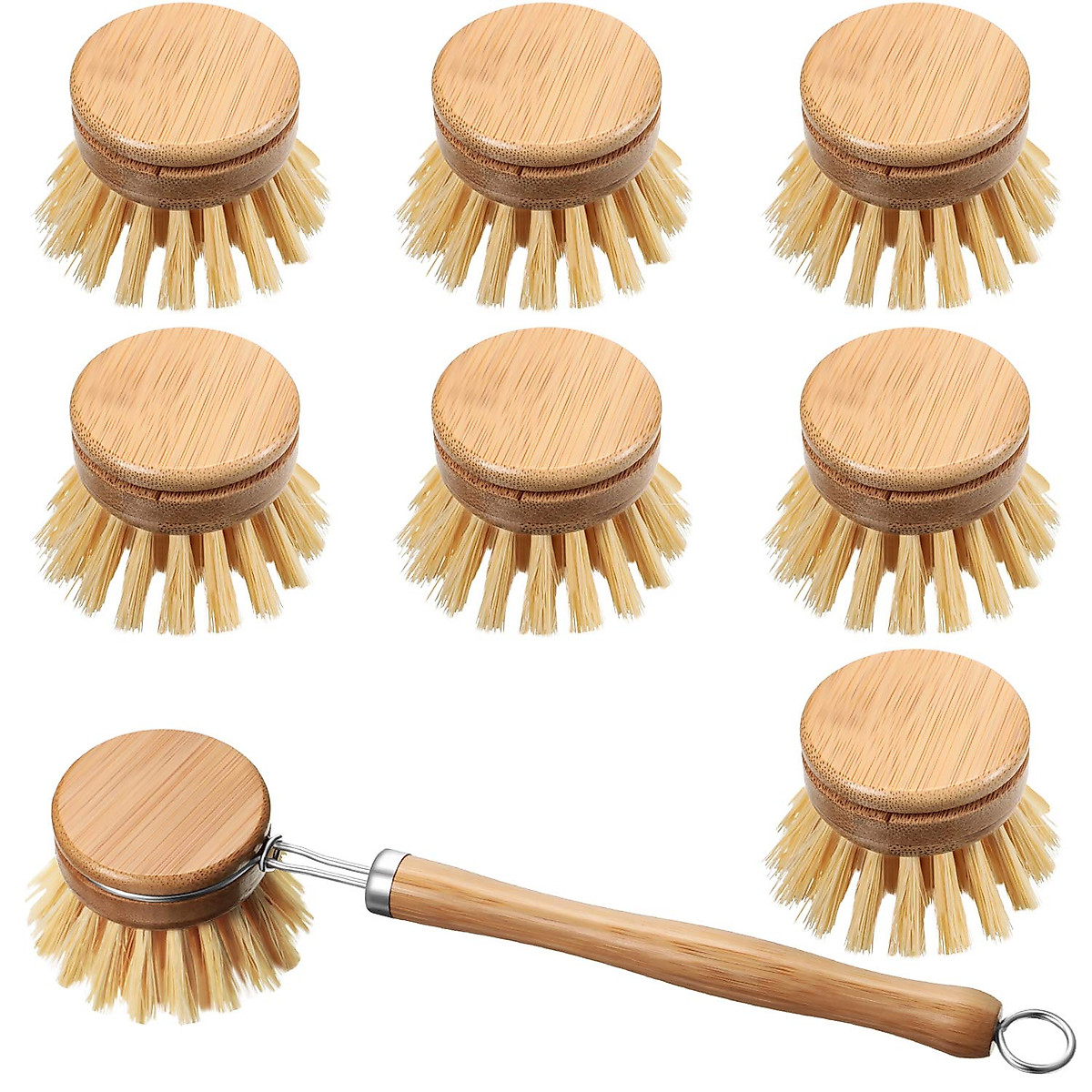 Patelai 8 Pieces Wooden Kitchen Dish Brush Include Bamboo Scrub Cleaning Brush and Replacement Heads Dish Scrubber for Kitchen Room Cleaning Supplies