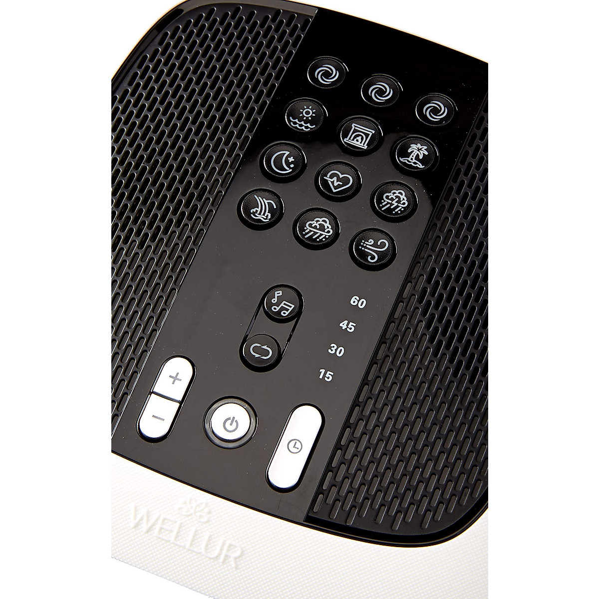 WELLUR - Stereo Sound White Noise and Natural Sound Sleep Machine with Relaxing Spa Music. Dual Build in Speakers & 3.5mm Headphone Jack, with Timer Option and USB 2.1A Port. Adapter Included (Black)