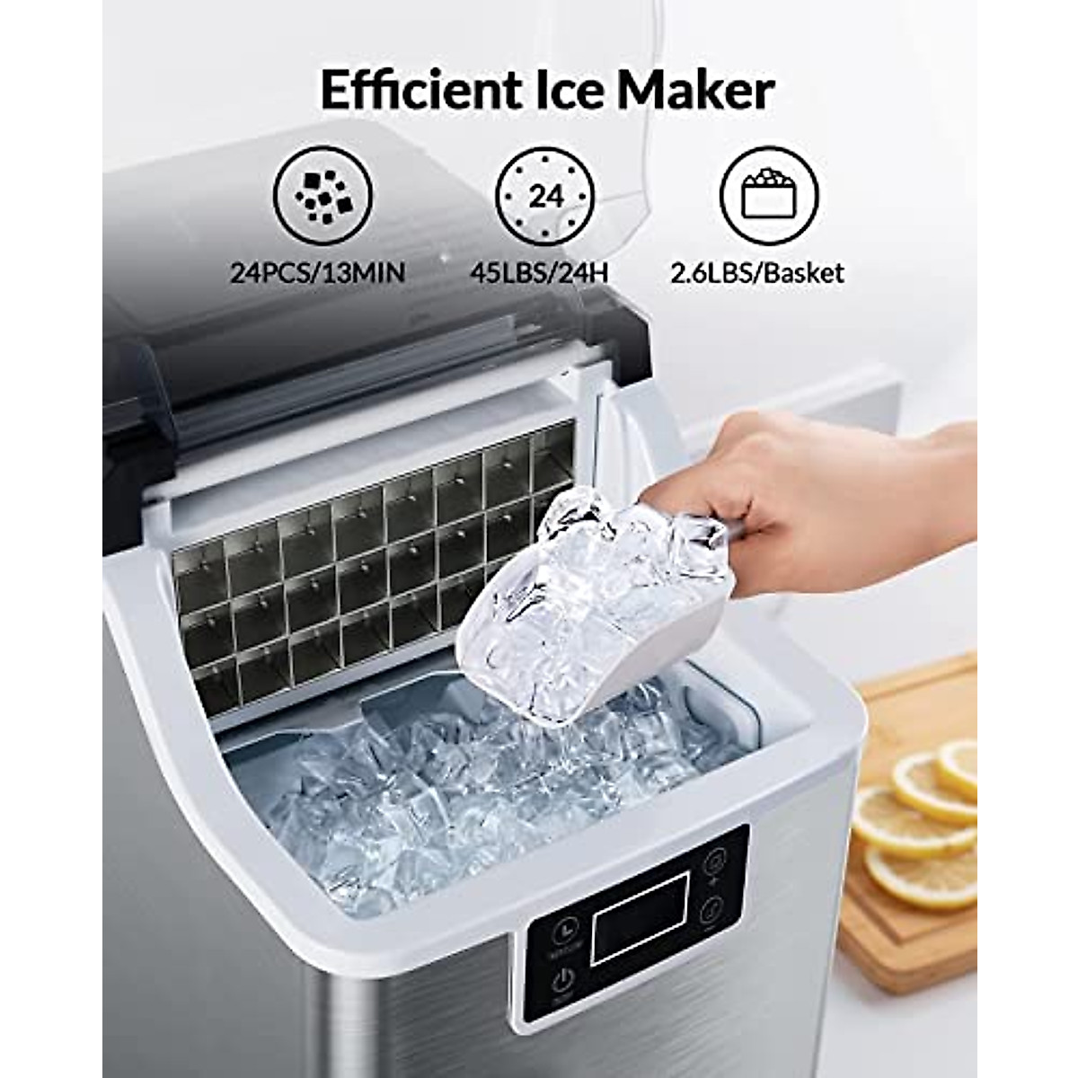 Silonn Ice Makers Countertop - 24Pcs Ice Cubes in 13 Min, 45lbs Per Day, 2 Ways to Add Water, Auto Self-Cleaning, Stainless Steel Ice Machine for Home Office Bar Party,Stainless Steel