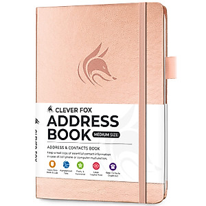 Clever Fox Address Book with alphabetic tabs - PU leather telephone and address book for keeping contacts safe, Contact Organizer Journal, Medium Size (5.3″ x 7.7″) Hardcover, Rose Gold
