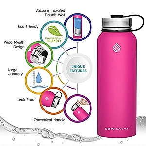 Swig Savvy Sports Water Bottle, Vacuum Insulated Stainless Steel, Double-Wall, Insulated Wide Mouth Leakproof Lid, for Hiking, Camping, Sports, and School - 32 Oz (Pink)