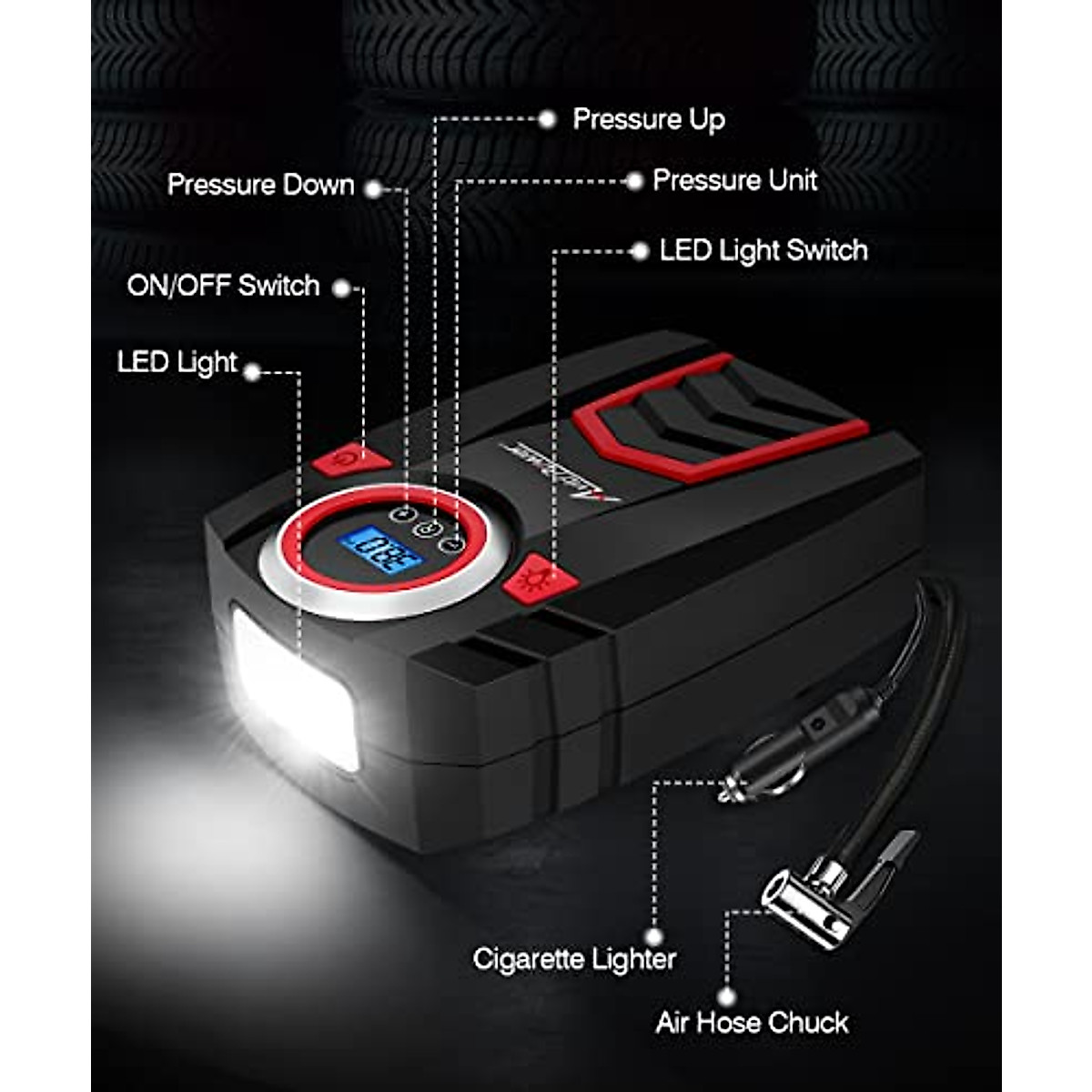 Avid Power Tire 12V Air Compressor w/Digital Pressure Gauge, Car Pump w/LED Light, Auto Shut-Off DC Tire Inflator for Car, Bicycles, Balls and Other Inflatables