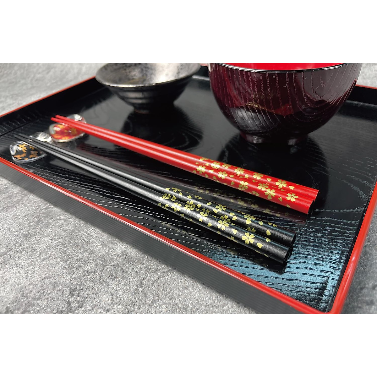 Premium Japanese Chopsticks Reusable with Chopsticks Rest Set of 2 Pairs[ Made in Japan ] Traditional Lacquer Art Wooden Chopsticks (Gold Flower BK/RD(MK018))