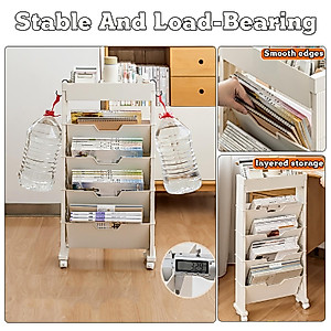 6 Tier Rolling File Cart, 6 Tier Mobile Bookshelf, Utility cart with Wheels Classroom Deskside Book Shelf for Students,Teachers,Documents Organizers and Storage Bookshelf for Classroom,White