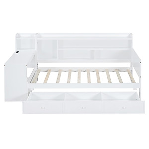 Multi-Functional Twin Size Daybed with Storage Shelves and Study Desk, Wooden DayBed Sofa Bed Frame with 3 Drawers and USB Ports for Office Living Room Bedroom, Maximize Space (White-V5, Twin)