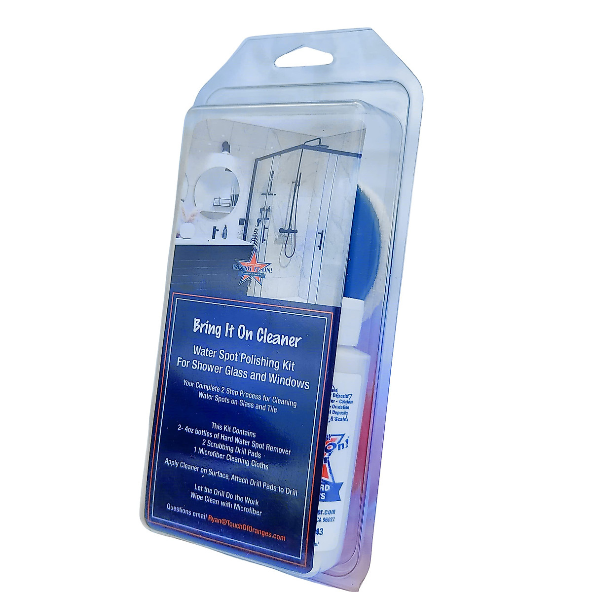 Bring It On Cleaner Water Spot Polishing Kit | For Shower Glass and Windows | Tile and Grout Polishing | Included Drill Scrub Brush, Microfiber, 8 ounces Water Spot Remover