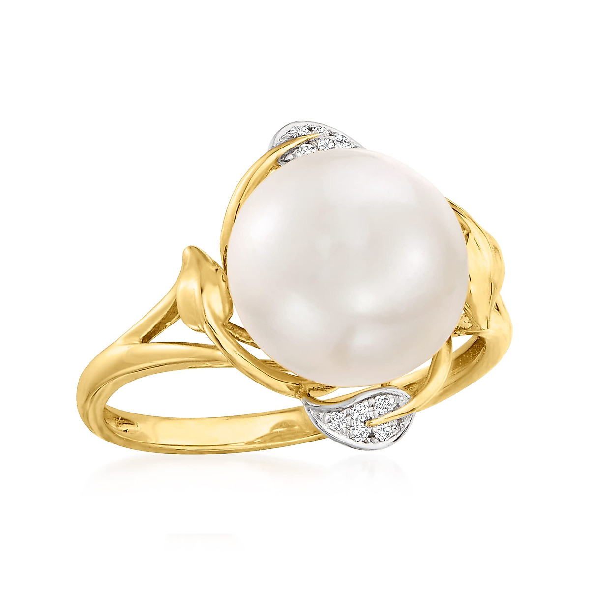 Ross-Simons 10-10.5mm Cultured Pearl Leaf Ring With Diamond Accents in 14kt Yellow Gold. Size 8