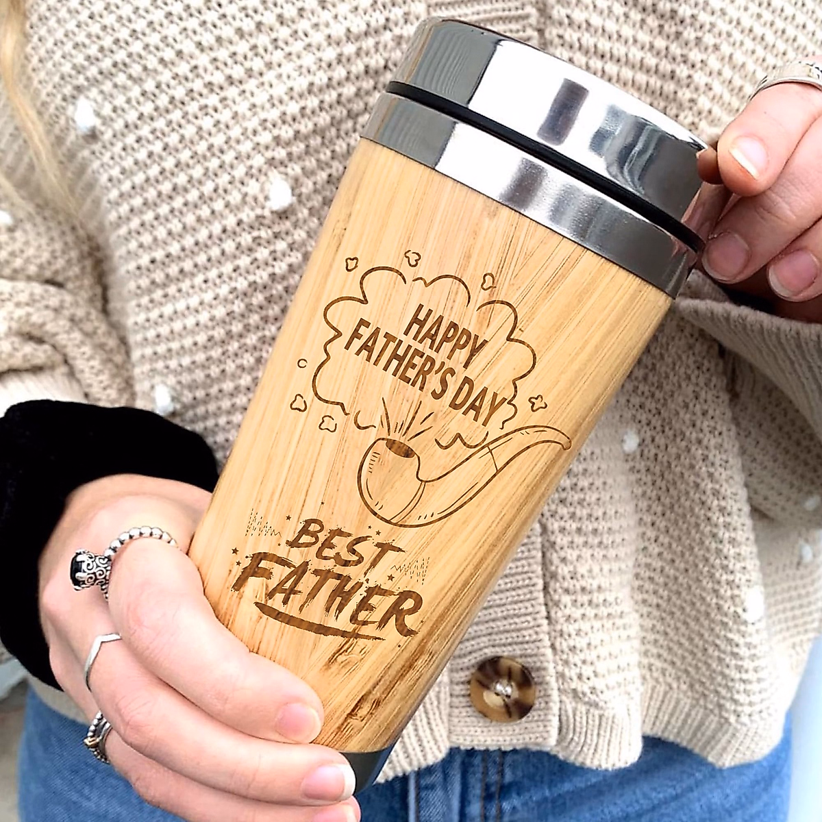 BTinoe Best Father Tumbler, 20oz Bamboo Tumbler for Dad, Travel Coffee Mug with Lid, Unique Cup Gift for Dad Fathers Day Grandpa Birthday Anniversary, Keeps Hot & Cold, Eco-Friendly