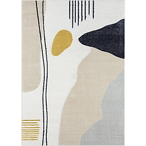 Abani Abstract Cream/Grey Pop of Yellow Area Rug - 4'x 6' - Modern Artistic Deco Design - Easy to Clean - Durable for High Traffic Areas – Living Room & Kitchen - Medium Pile