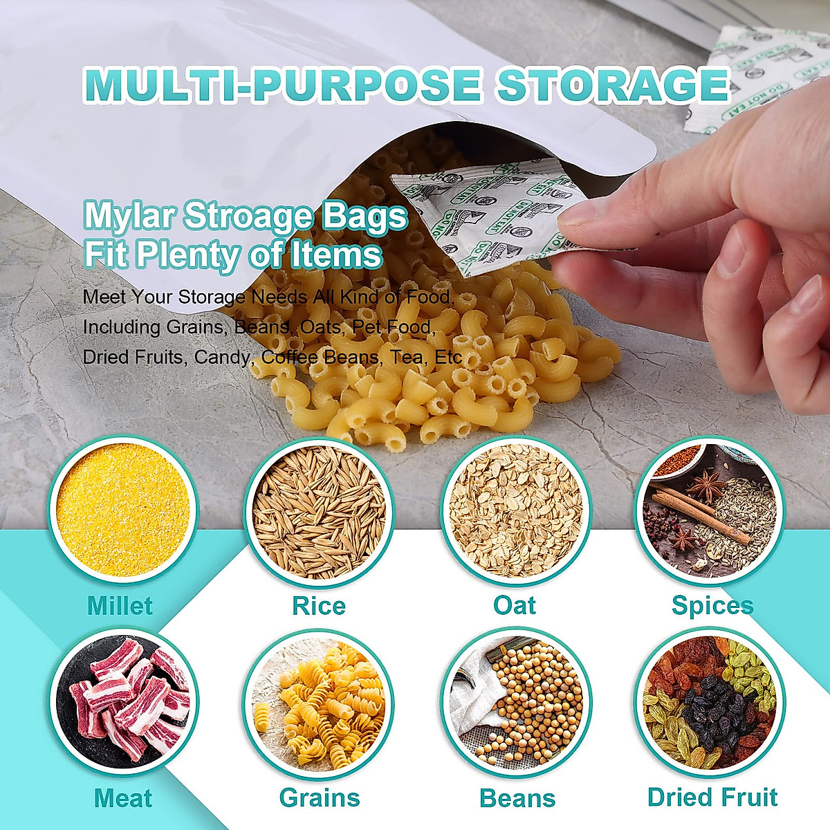 50pcs 1 Gallon Mylar Bags for Food Storage with Oxygen Absorbers 400CC (6 Packs of 10pcs) and Labels, 9.5 Mil 10"x14" Vacuum Sealer Bags Heat Sealable Bags for Long Term Food Storage(Extra Thick）