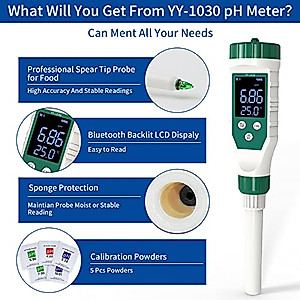 Yewhick Bluetooth Food pH Meter, Digital pH Meter for Food High Accuracy Waterproof Food pH Tester with ATC for Sourdough and Bread Canning, Meat, Cheese, Solid Samples, and Water