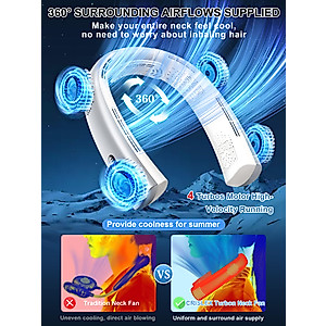 Portable Neck Fan Rechargeable 7000mAh, Bladeless 360° Airflow Cooling Neck Fan Cooler with Necksupport, Quiet Wearable Hands-Free Personal Fan, 4 Turbo, Display, Portable Fan for Hot Flashes/ Travel