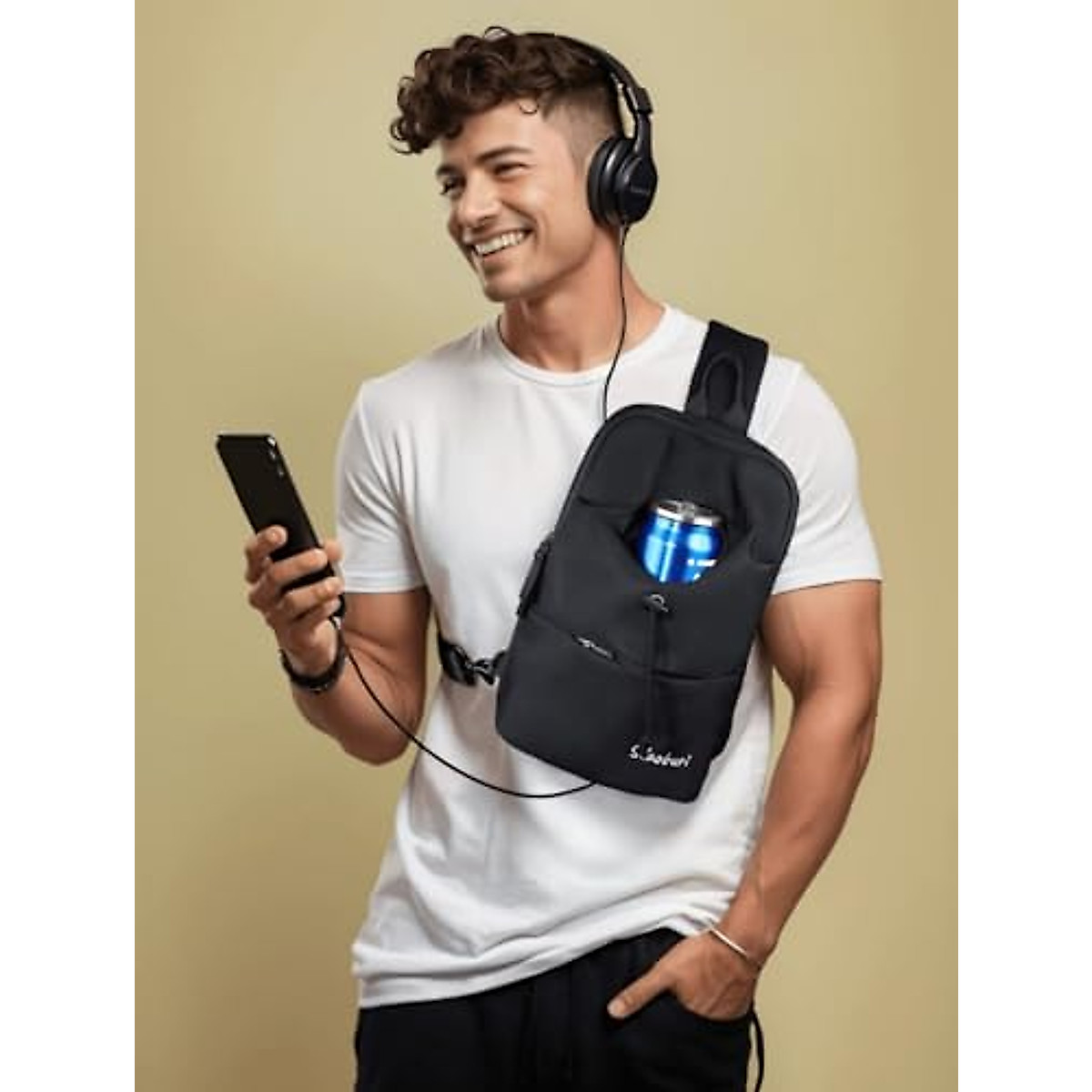 Silaoburi Crossbody Sling Bag Small Backpack Purse with Usb Charging Port & Water Bottle Holder Chest Shoulder Bag for Hiking Travel Black Bandoleras Para Hombre