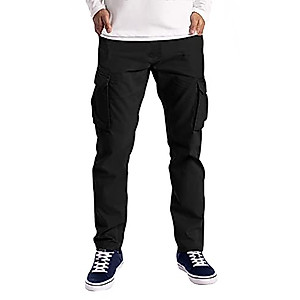 THWEI Mens Casual Cargo Pants Cotton Jogger Sweatpants Elastic Waist Trousers Black S