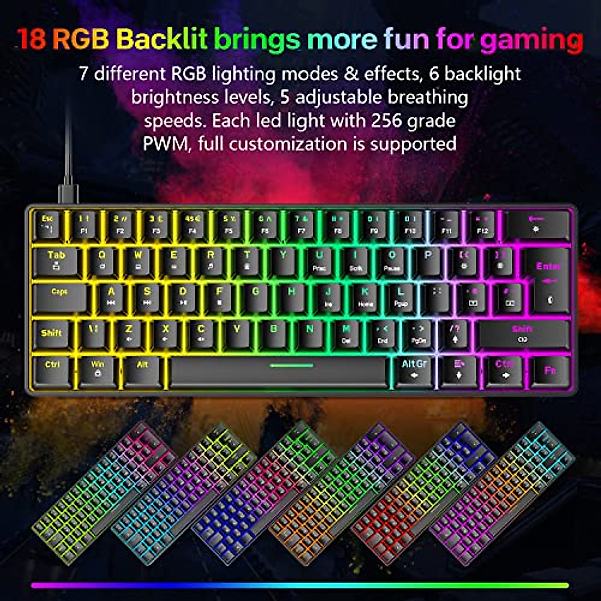 SELORSS ZIYOULANG T60 60% Compact Mechanical Gaming Keyboard RGB Chroma Type C Ergonomic Mini Keyboard UK Layout 12000DPI Gaming Mouse Honeycomb Shell for PC/PS4/PS5/Xbox(Blue Switch)