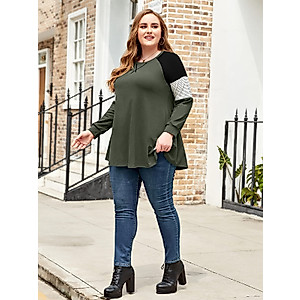 JollieLovin Crewneck Lightweight Sweatshirts for Women Plus Size Color Block Pullover Tops Long Sleeve Raglan Shirt ArmyGreen 3X