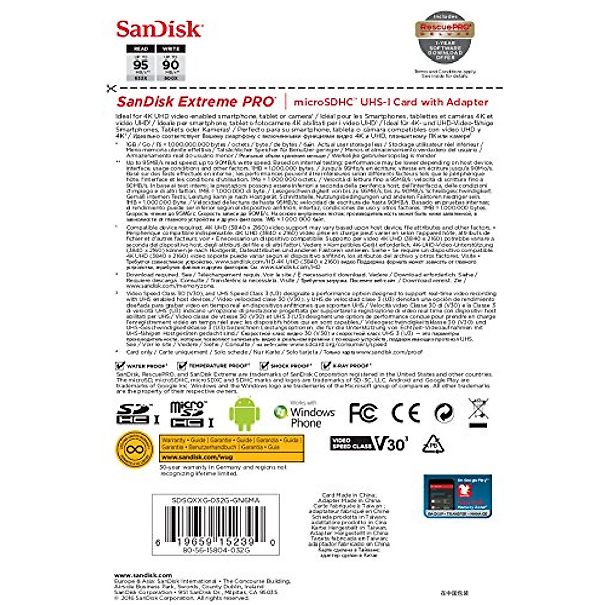 Sandisk MicroSDHC V30 32GB Extreme Pro - SI-PH5H-RB1J