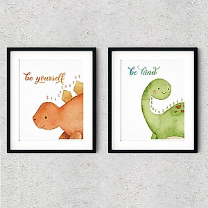 Inspirational Be Kind Be Yourself Be Curious Be Brave Wall Art Decor, Dinosaur Wall Decor for Nursery Bedroom Home, Dinosaur Poster Be Kind Be Brave Decorations for Nursery Room Living Room Home Set of 4 (8”X10”) Unframed