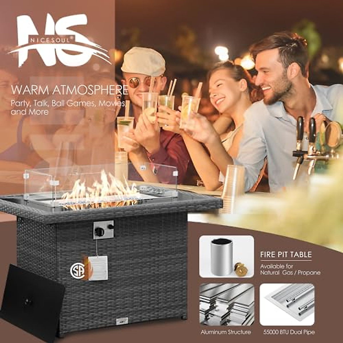 High-Craft 43'' Rectangular Patio Propane Fire Pit Table Gray PE Wicker 55,000 BTU H-Burner Dural Heating Outdoor Firepits 8mm Glass Top & Aluminum Frame Anti-Rust with Cover & Windguard