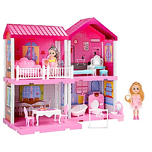 TEMI Villa Toys for 3 4 5 6 7 8 Years Old Girls - 2 Storeys 4 Rooms, Indoor Playset with 2 Dolls Toy Figures, Toys Furniture and Accessories, Pretend Girls Plays, Building Toys, Gifts Toy