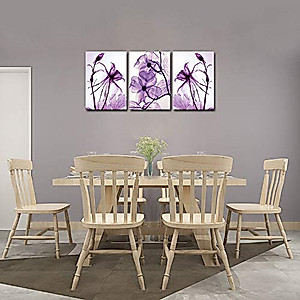 Meigan Art Modern Canvas Wall Art Home Decor Wall Art Painting Purple Flowers Art Wood Inside Framed Ready to Hang (12InchX16InchX3)