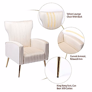 KCC Velvet Accent Living Room Chairs Set of 2, Mid Century Armchair with High Back for Bedroom, Upholstered Single Sofa with Golden Metal Legs,Cream