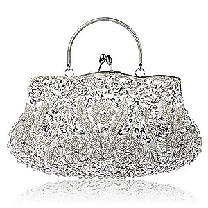 Gets Noble Beaded Sequin Flower Evening Purse Large Clutch Bag Handbag for Women (Silver)
