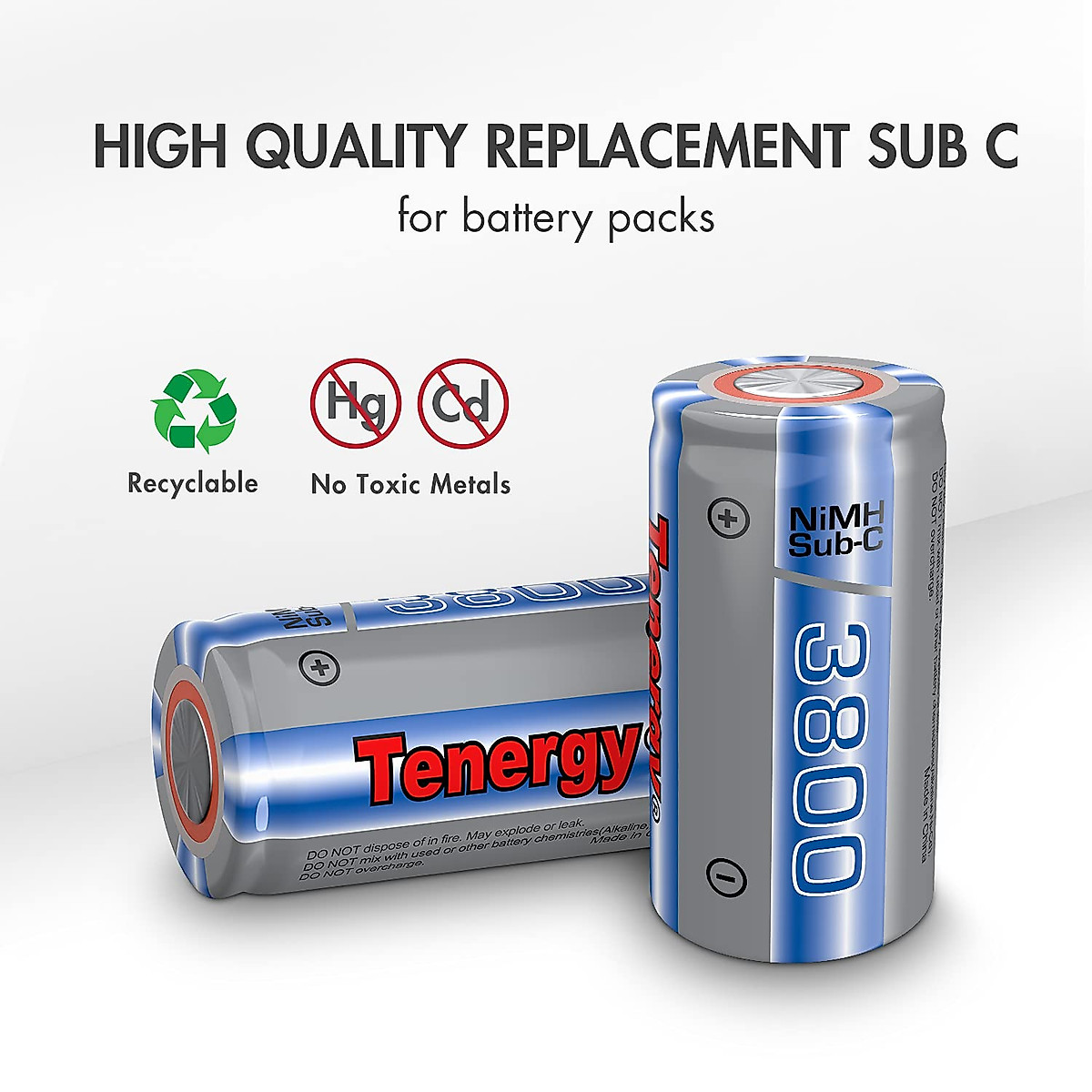 Tenergy NiMH SubC 1.2V 3800mAh Rechargeable Batteries, for Power Tools, 10 Pack