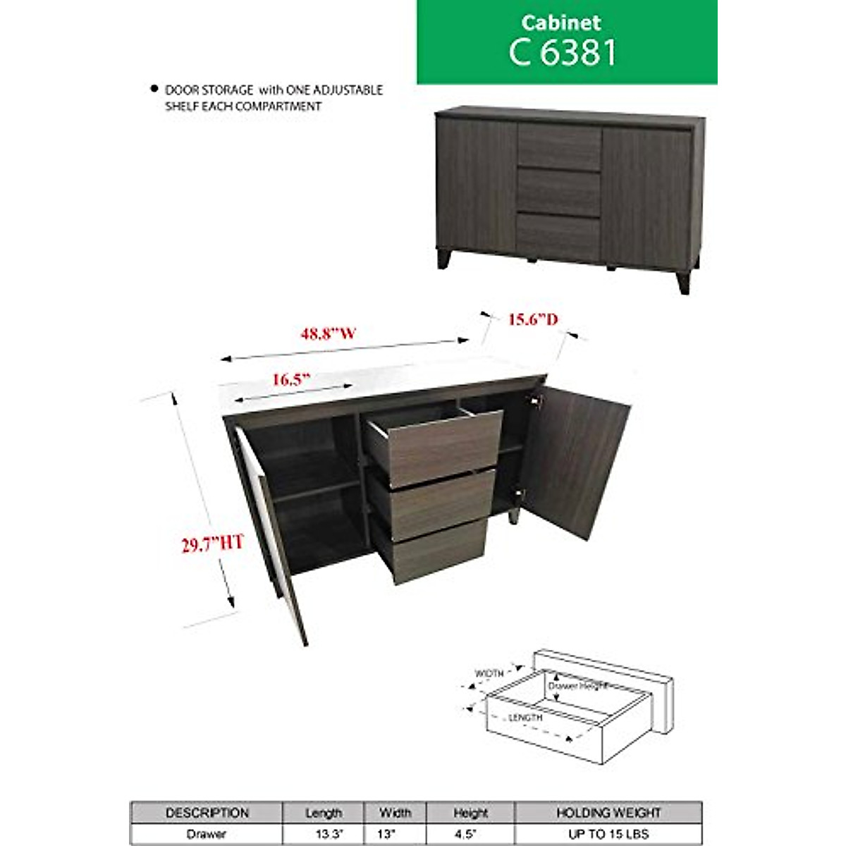 Kings Brand Furniture – Wood Buffet Server Cabinet Console Table, Oak Gray