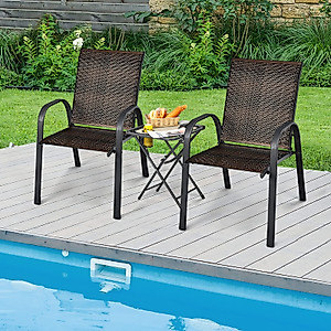 Tangkula Set of 6 Outdoor PE Wicker Stackable Chairs, Patio Dining Chairs with Sturdy Steel Frame, Outdoor Arm Chairs for Garden, Yard, Deck and Lawn (1, Mix Brown)