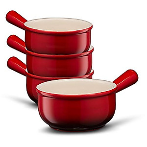 KooK French Onion Soup Crocks, Ceramic Bowls, Broil, Oven, Microwave and Dishwasher Safe, for Cereal, Soups, Casseroles, with Handle, Stoneware, 15 oz, Set of 4, Red Ombre