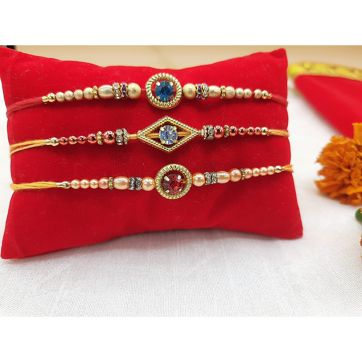 Palak Global Rakhi bracelet, Wrist Band. Fancy Rakhi three unique beautiful stones. Rakhi a best gift celebration with your Brother, Bhabhi/Sibling, Sister,beads and stone., stone