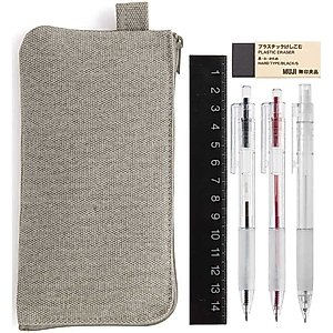 MUJI Canvas Multi-purpose Pen Case Oily pens Black&Red Mechanical Pencil Eraser Ruler Stationery Set