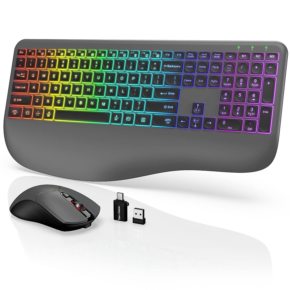 Wireless Keyboard and Mouse Combo with 7 Colors Backlit, Wrist Rest, 2.4G Rechargeable Ergonomic Full Size Light Up Wireless Keyboard and Mouse Set for Computer, PC, Mac, Laptop, Chromebook (Grey)