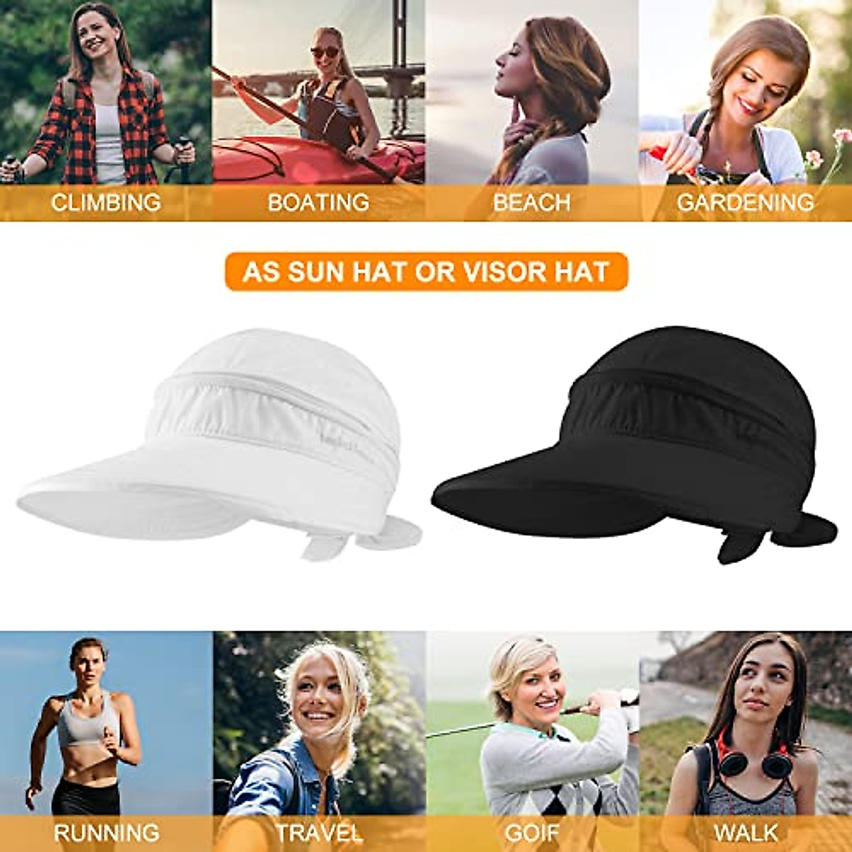 MEINICY Womens Sun Visor Hat Wide Brim, 2 in 1 Zip-Off Sun UV Protection Foldable Adjustable Visors Beach Hats for Women (2 Pack Black+White)