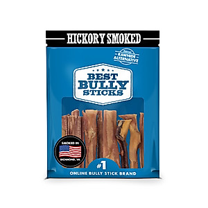 Premium Hickory Smoked 100% Natural 4 Inch Bully Sticks for Dogs - Odor Free with Smoky Aroma - No Additives, Free-Range Grass-Fed Beef, Grain-Free Rawhide-Free - Mini Bully Sticks, 10 Pack