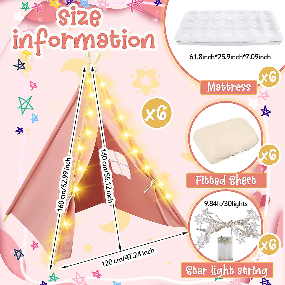 Windyun 6 Pack Kids Teepee Tent Bulk with Light String & Inflatable Airbed & Bedding Fitted Sheet, Natural Cotton Toddler Play Tent Washable Foldable Tent for Girls Boys Indoor Outdoor (Pink)