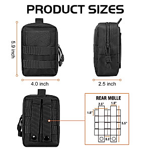 Gogoku 3-Pack Combo Molle Pouch Water Bottle Pouch Holder with Detachable Flag Patch & 5 D-Ring Clip Tactical Molle Pouches Compact Utility EDC Waist Bag Pack Black