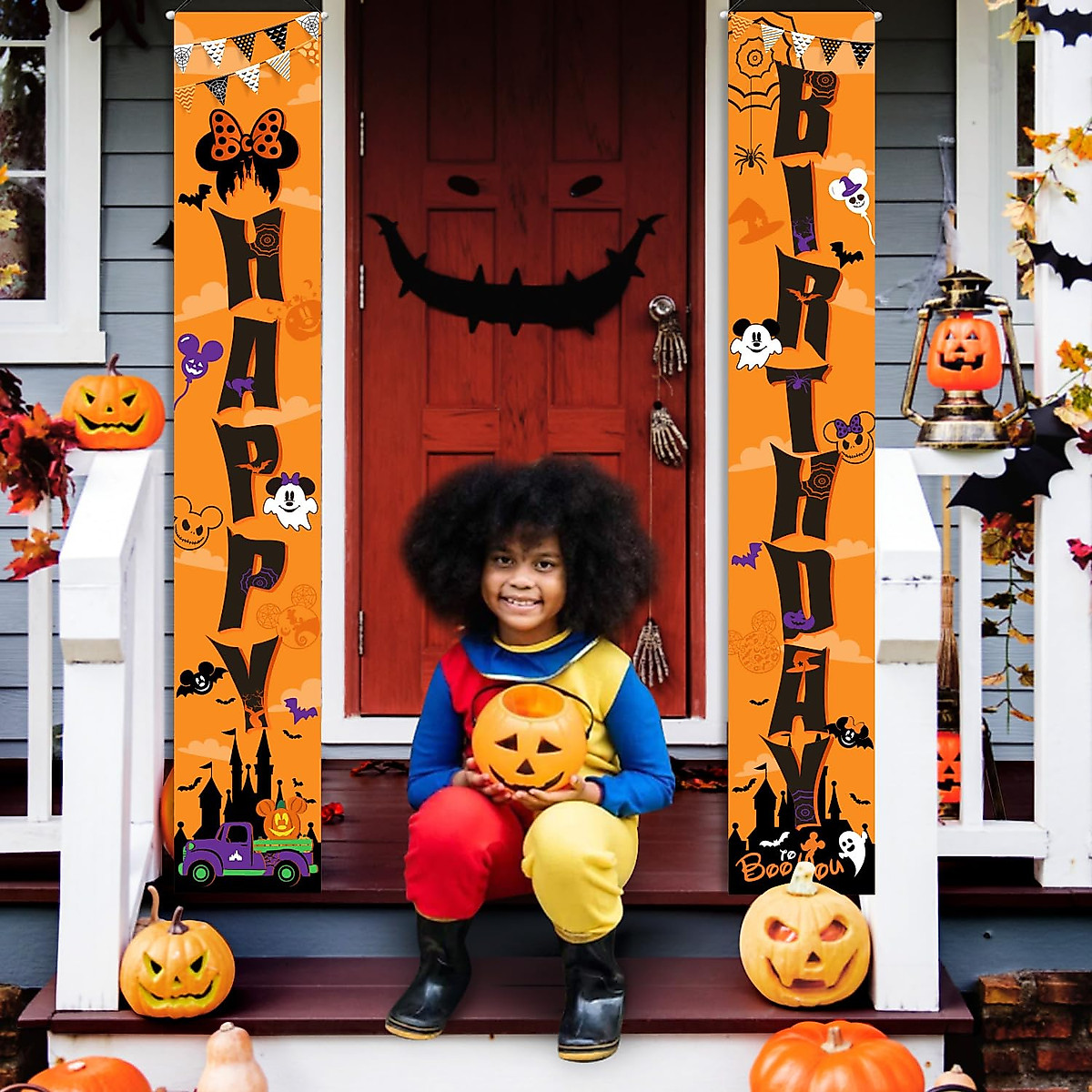 Halloween Birthday Party Decorations Door Banners, 2pcs Happy Birthday Porch Sign Banner, Cartoon Themed Party Supplies Decorations Welcome Door Banner for Halloween Birthday Party