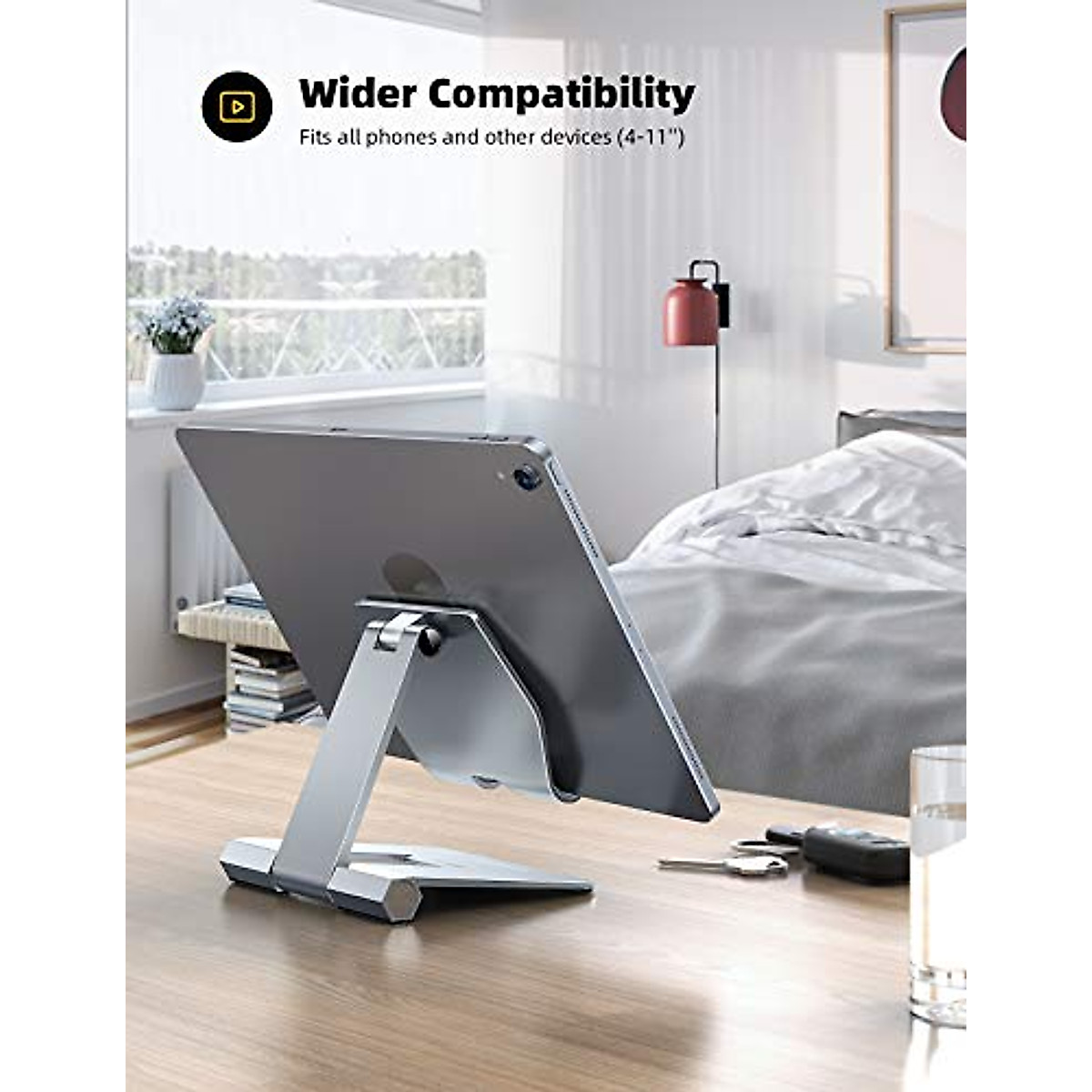 Lamicall Adjustable Cell Phone Stand Desk - Foldable Desktop Phone Holder, Cradle, Dock, Compatible with iPhone 14, Plus, Pro, Pro Max, 13 12 X XS,4-11'' Phones, Office Accessories, Smartphone Sliver