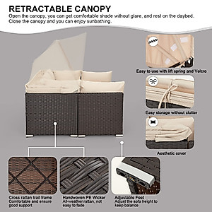 HOMREST 6 Pieces Patio Furniture Sets, Rattan Daybed with Retractable Canopy, Outdoor Sectional Sofa Set with Adjustable Backrest, Chaise Chair Sunbed for Garden Poolside Backyard (Khaki)