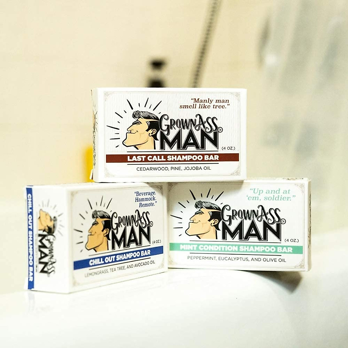 Grown Ass Man Co. - Solid Shampoo Bar Rich Lather 3 in 1: Hair, Beard & Body Wash - Plastic Free & Eco-Friendly, Natural & Organic Clean for All Hair Types, 4oz Bar (Variety, 3-Pack)