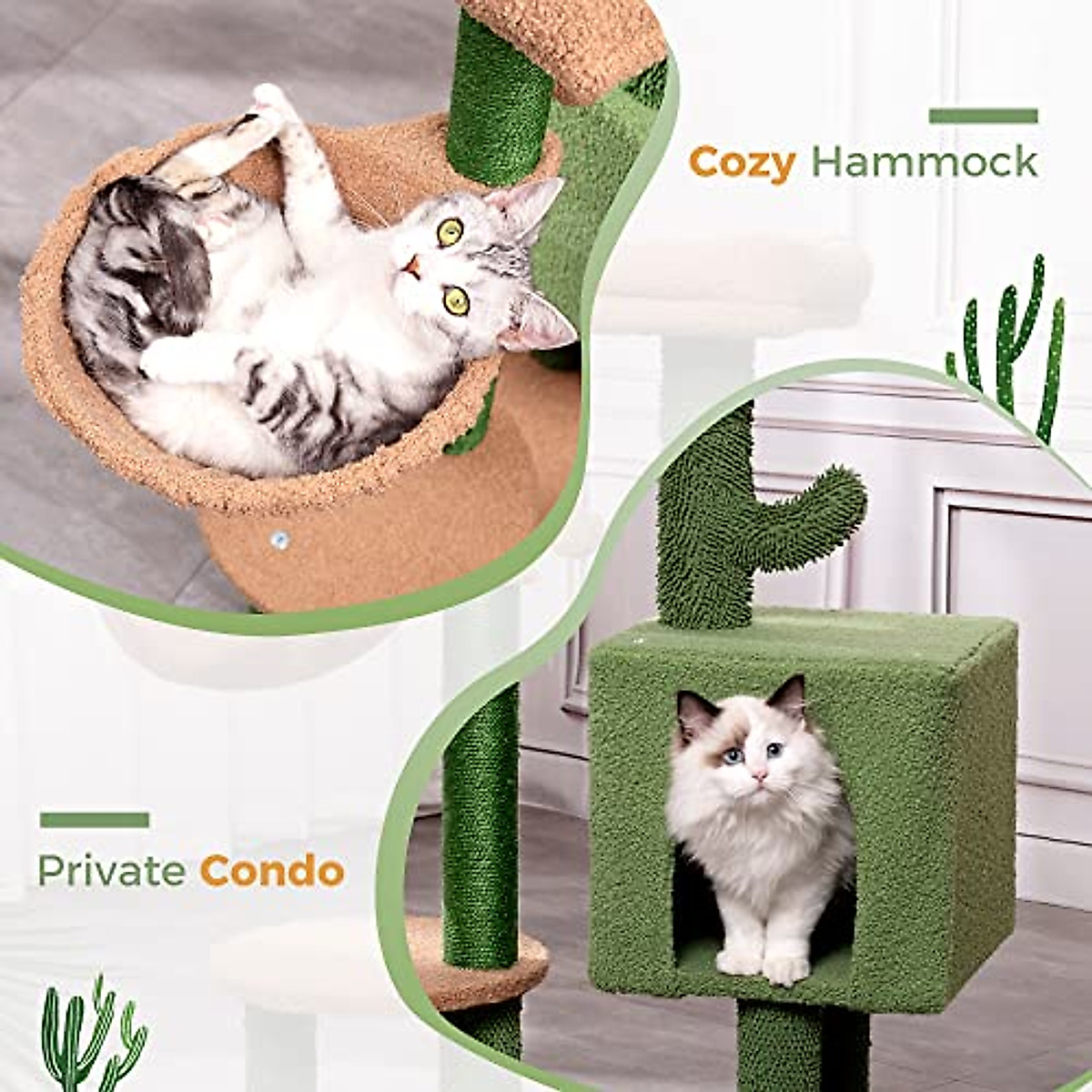 MeowSir Cactus Cat Tree 34 Inches Cute Cat Tower with Padded Top Perch, Comfy Hammock, Private Condo, Fully Scratching Post and Dangling Bell Ball for Indoor Cats- Khaki